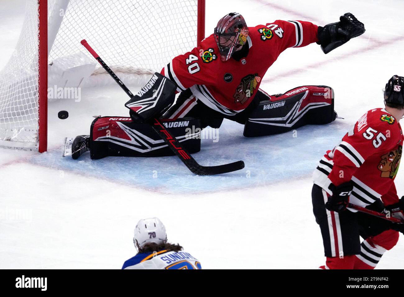 Chicago Blackhawks goaltender Arvid Soderblom saves a shot by St. Louis ...