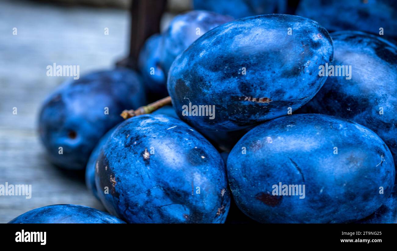 Ripe blue plums in a wooden crate in a rustic composition Stock Photo ...