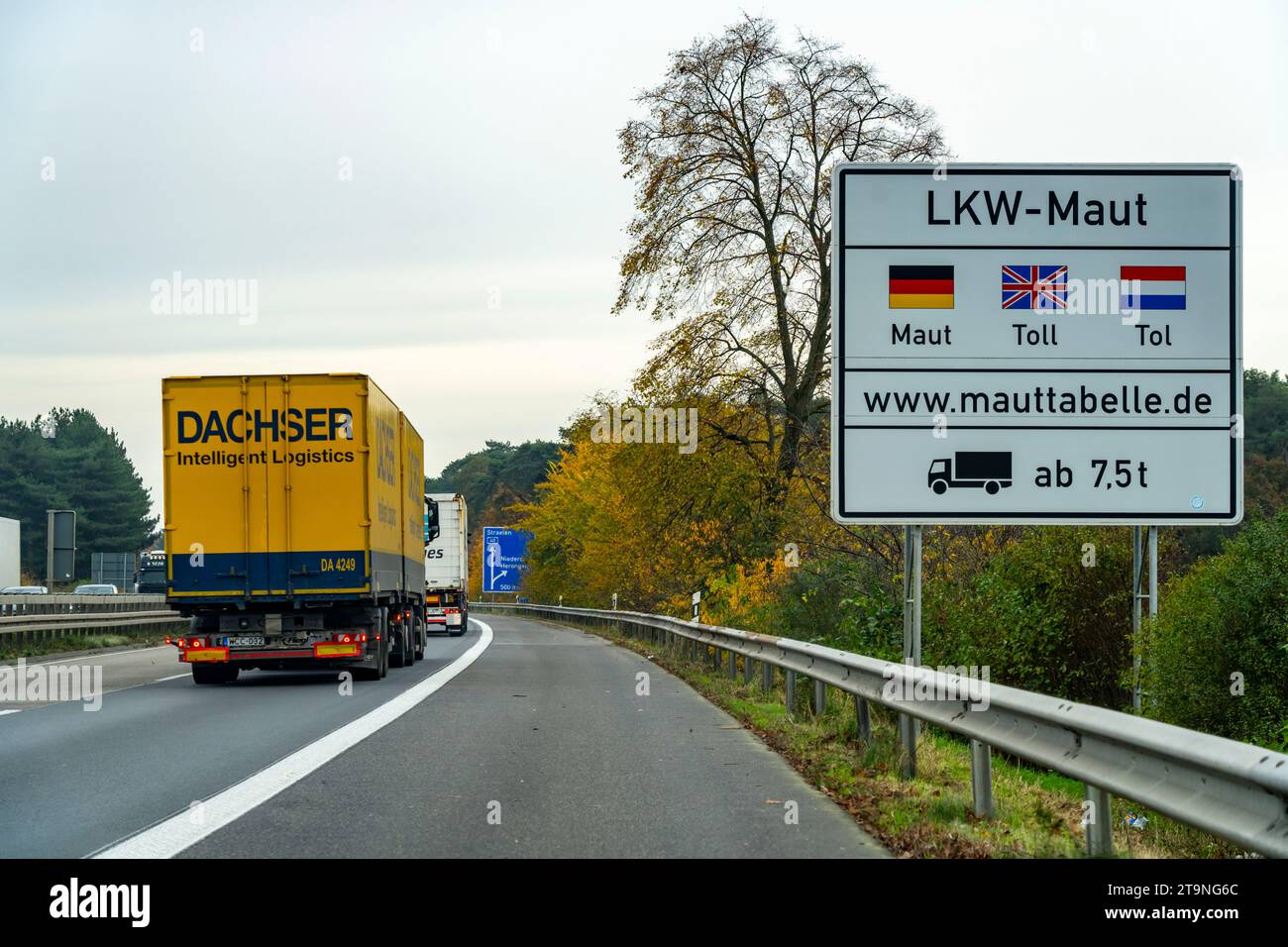 Sign for the lorry toll, on the A40 motorway, just after the German ...