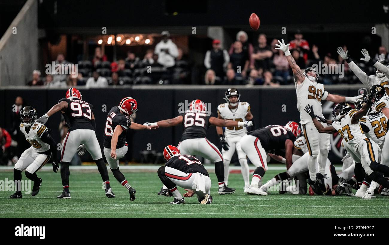 Atlanta Falcons wide receiver Scott Miller (16) kicks a field goal ...