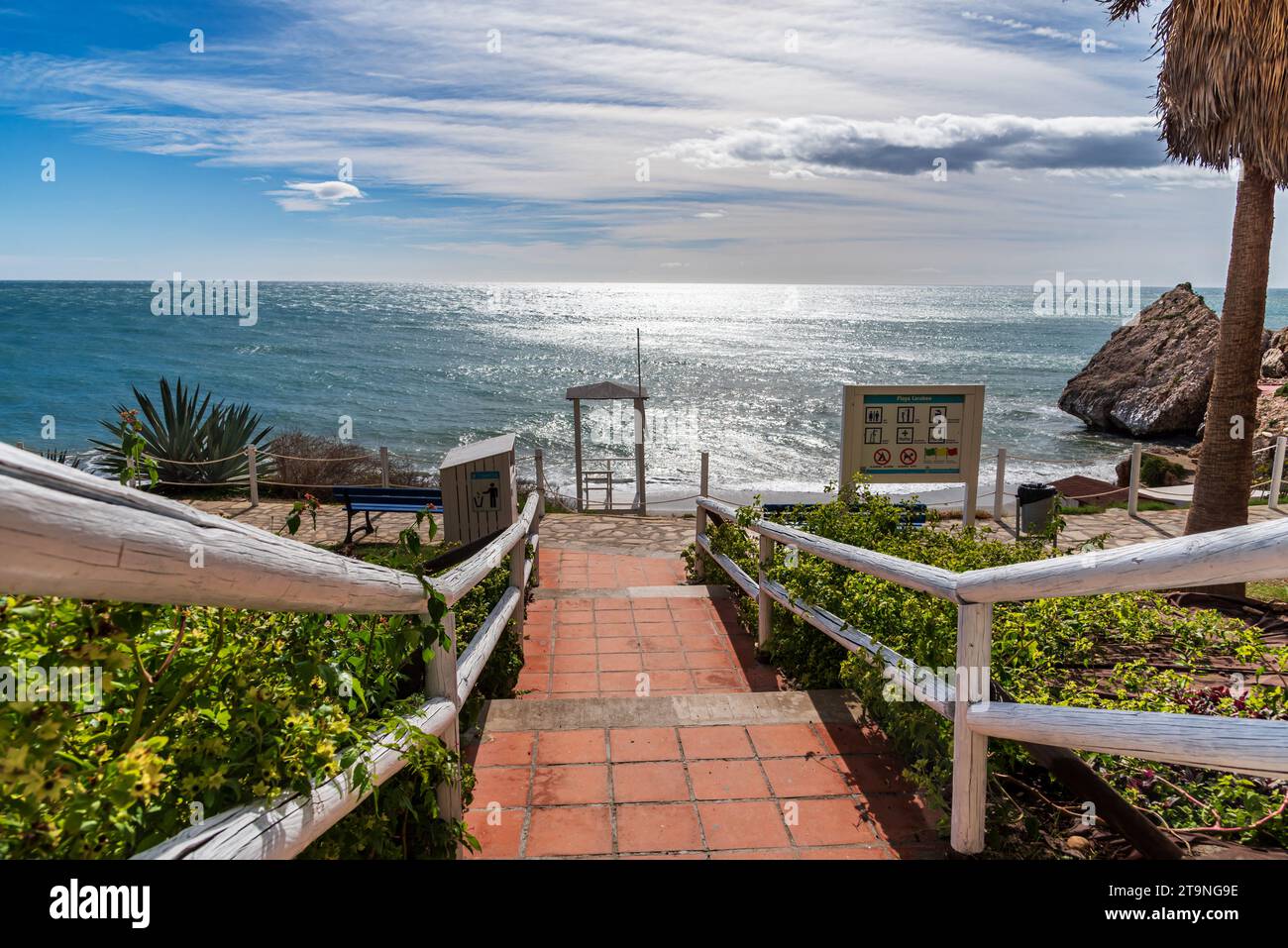Stairs going down to Carabeo beach in the municipality of Nerja Stock ...