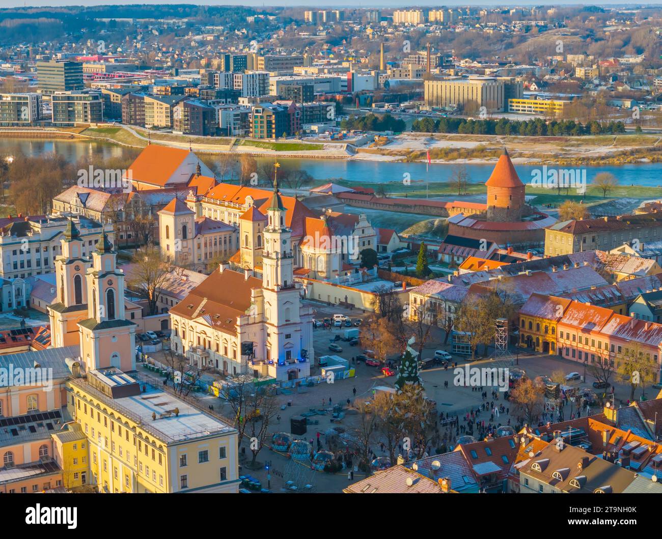 Aerial view of Kaunas old town in winter. Drone view of city center ...