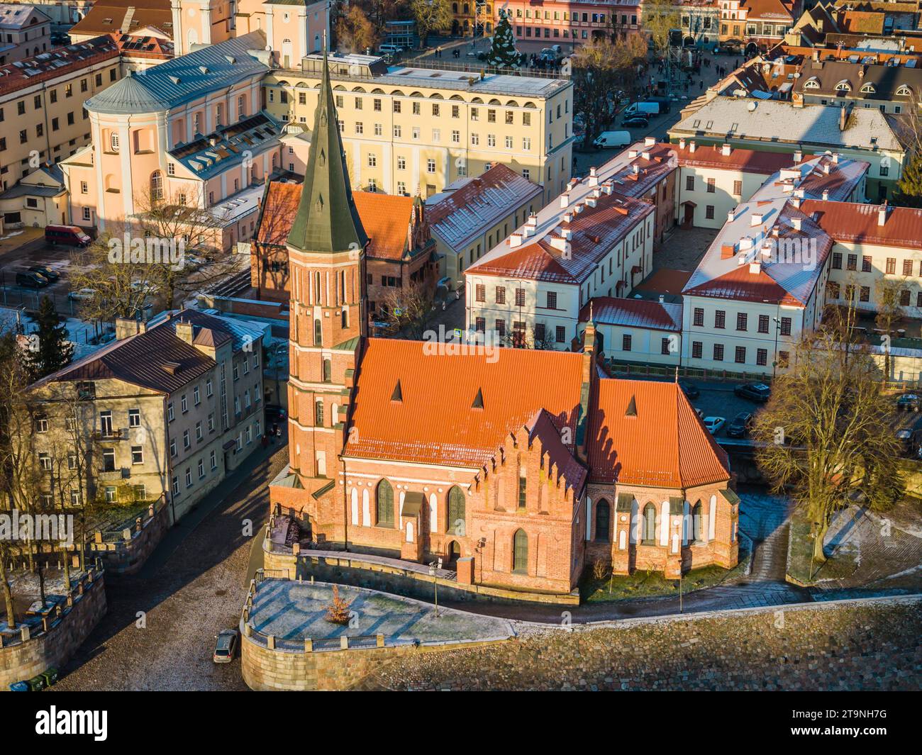 Aerial view of Kaunas old town in winter. Drone view of city center and ...