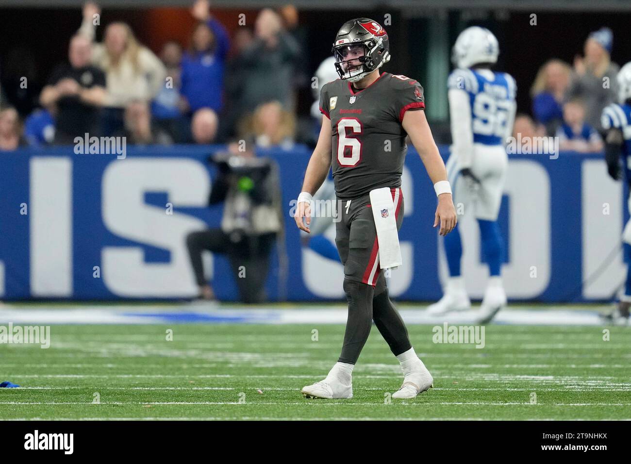 Tampa Bay Buccaneers quarterback Baker Mayfield (6) walks away after a ...