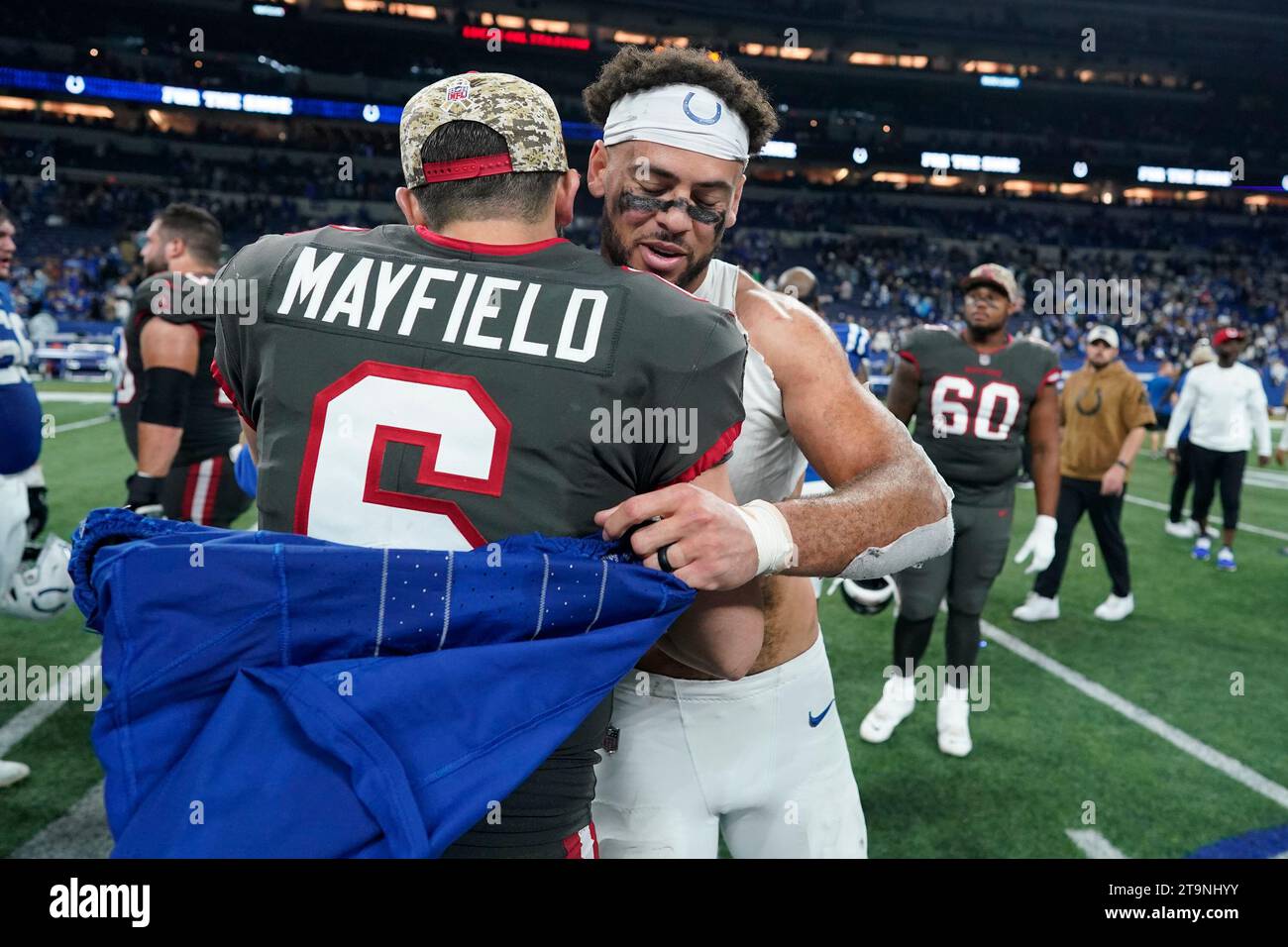 Tampa Bay Buccaneers quarterback Baker Mayfield (6) greets Indianapolis Colts wide receiver ...