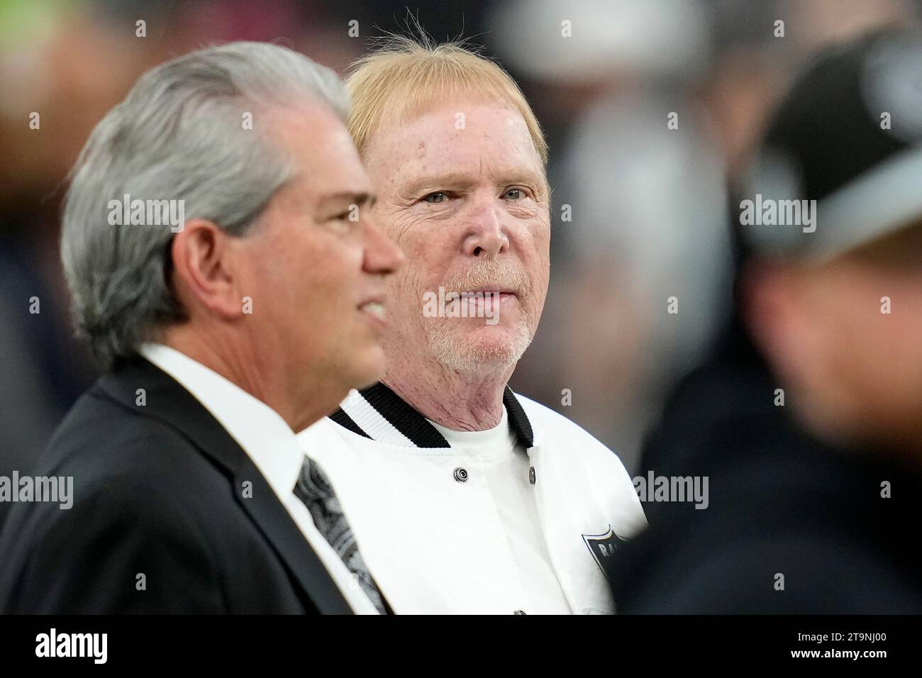 Las Vegas Raiders owner Mark Davis watches players warm up before an ...