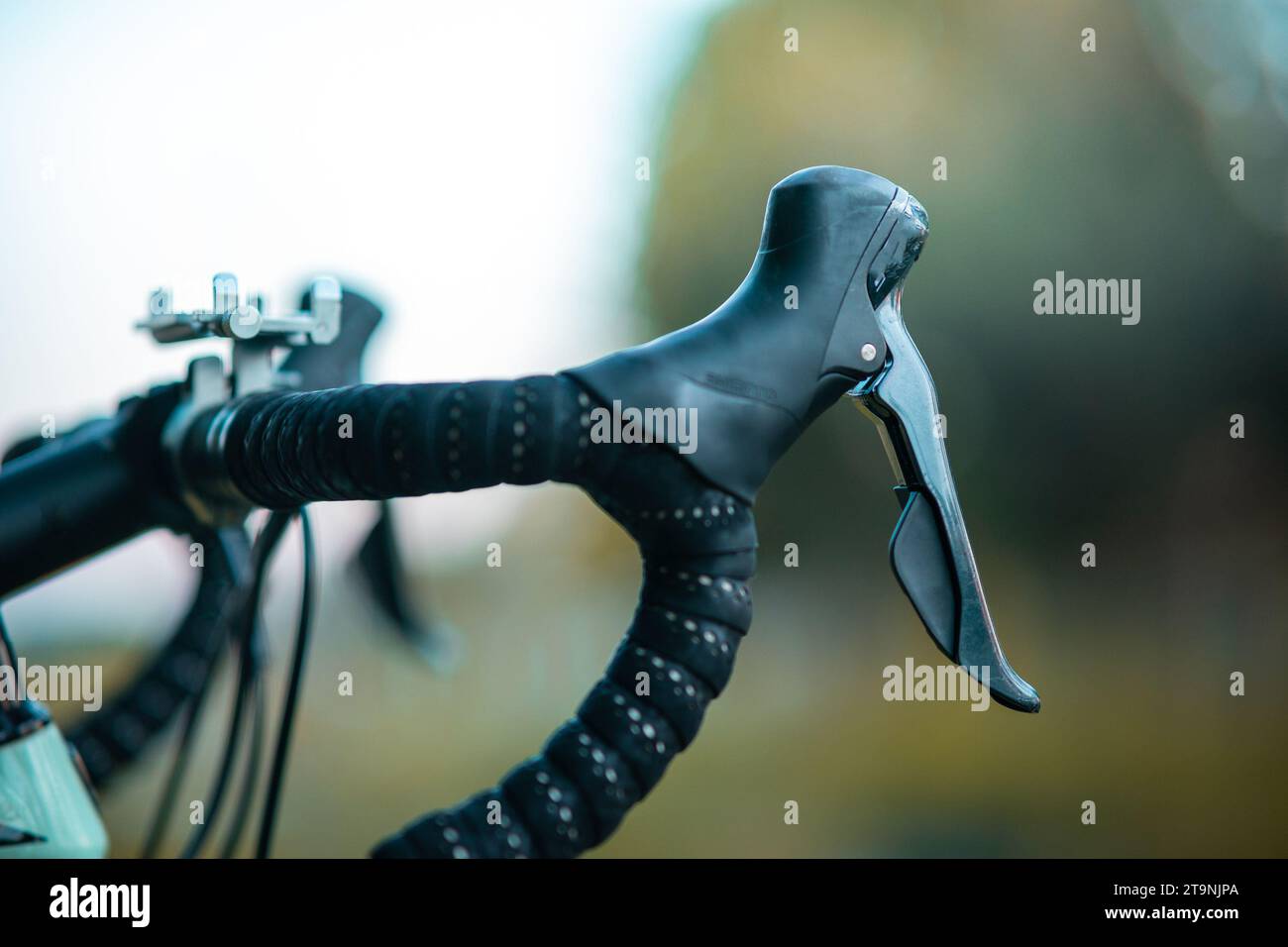 Rear brake lever on a modern road bike in teal or green color ...