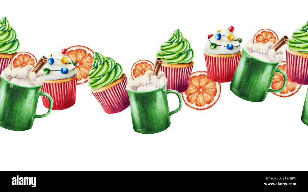 Watercolor seamless border with Christmas sweet muffins with cream and ...