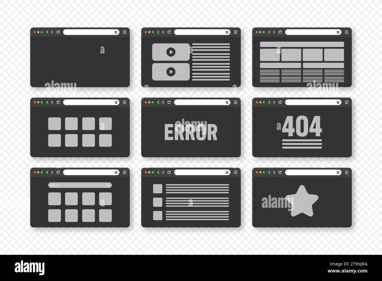 Web browser window, pages layout with toolbar and search field. Modern ...