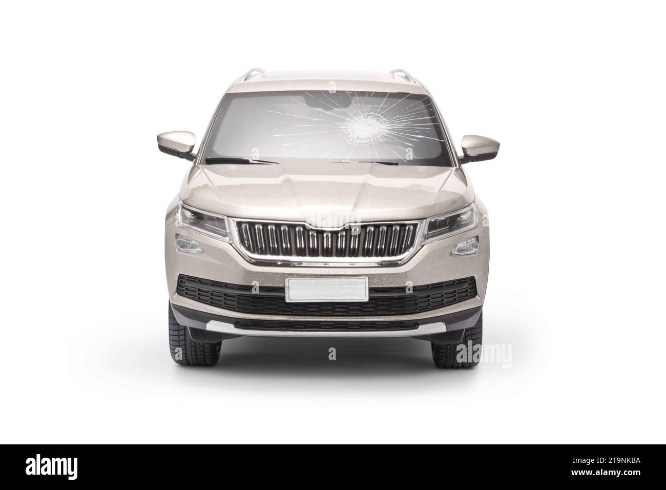 Front view of a SUV with a cracked windscreen isolated on white ...
