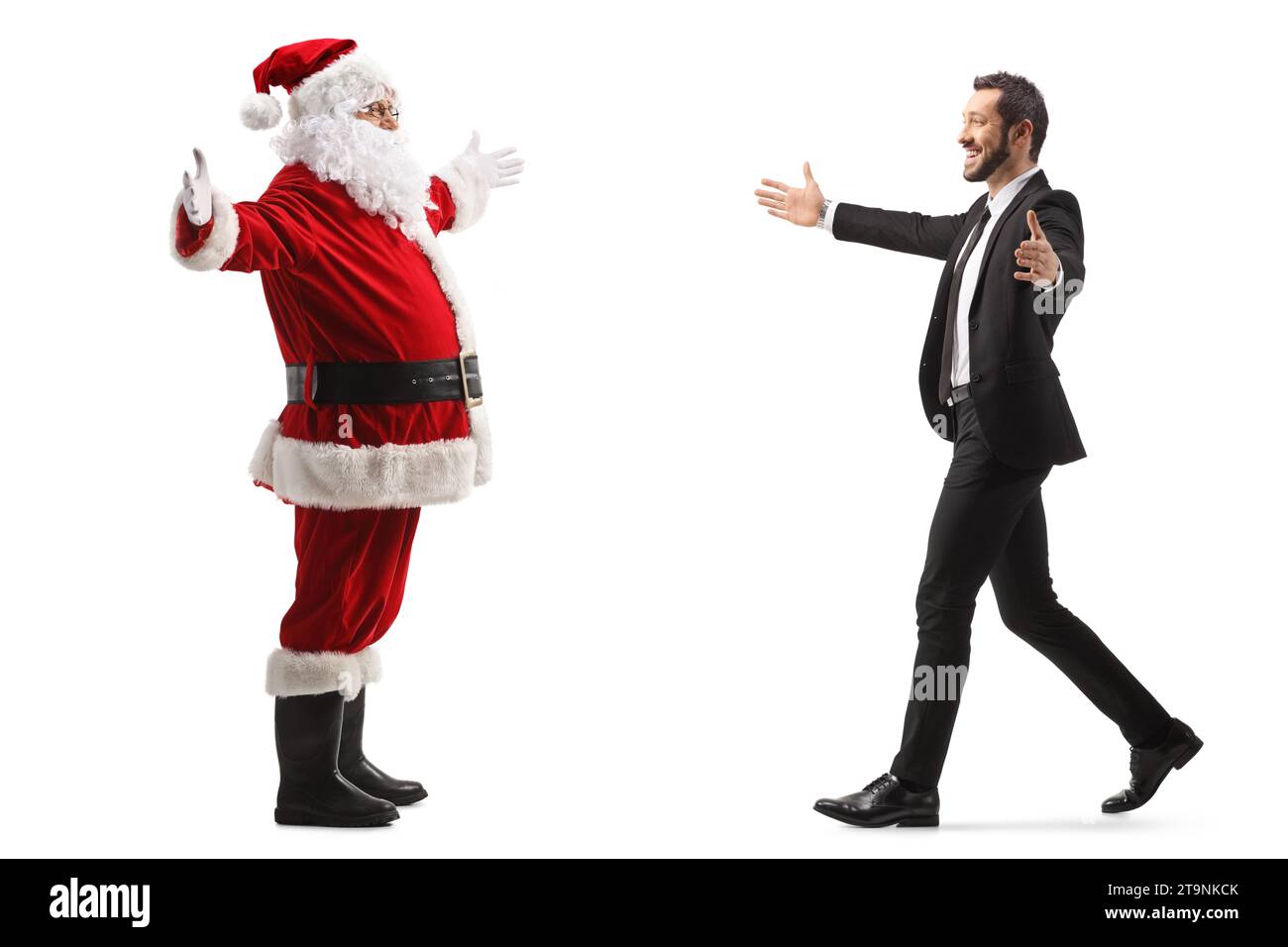 Santa claus meeting a young happy businessman isolated on white ...