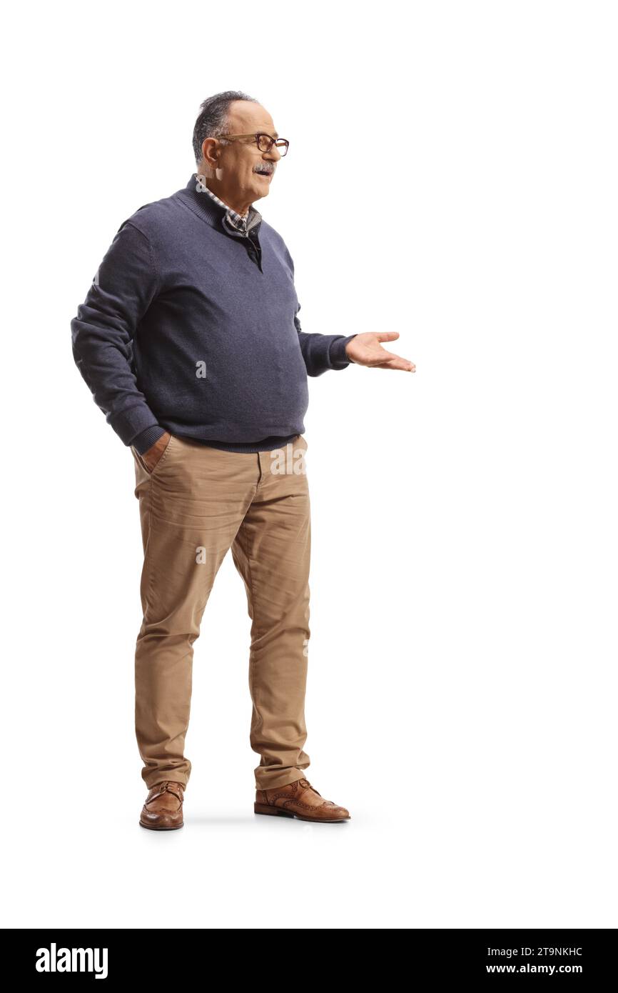 Full length shot of a mature man explaining something isolated on white ...