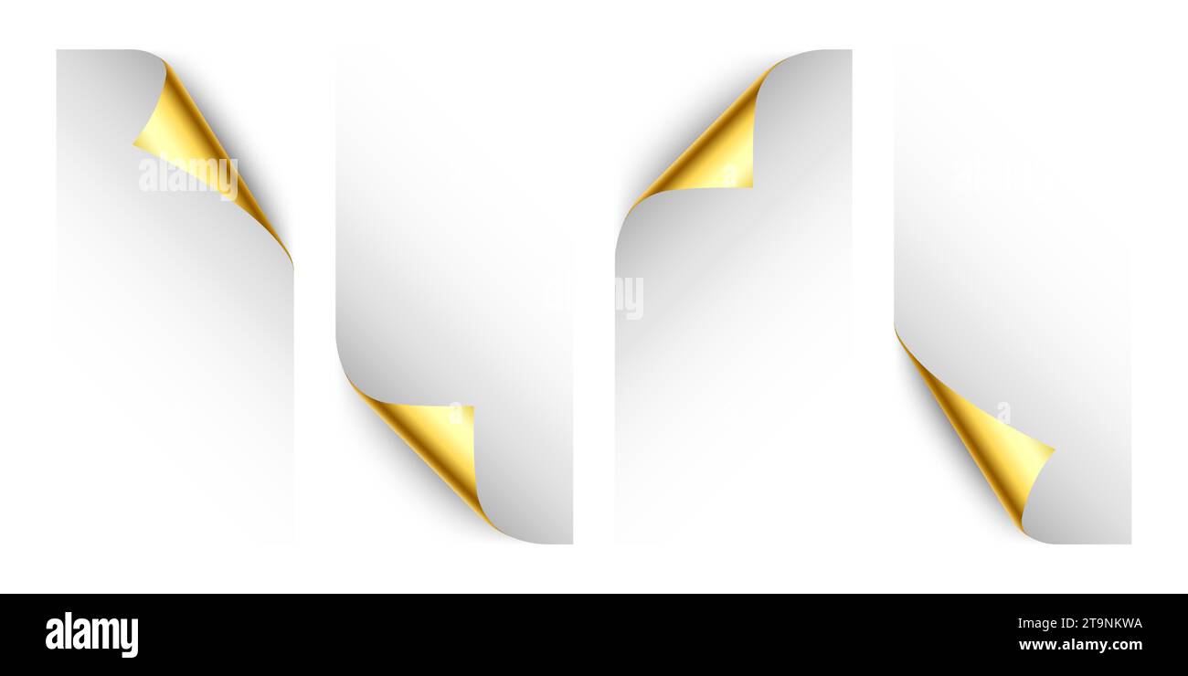 Set of golden paper curls. Curled page corner with shadow. Blank sheet ...