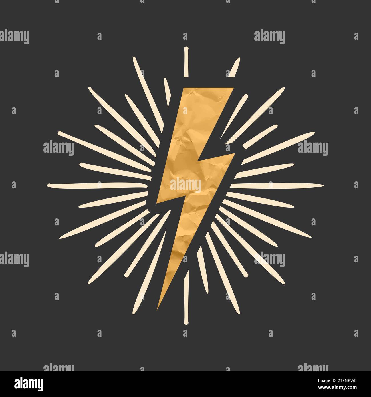 Vintage lightning bolt and sunrays. Lightnings with crumpled paper ...