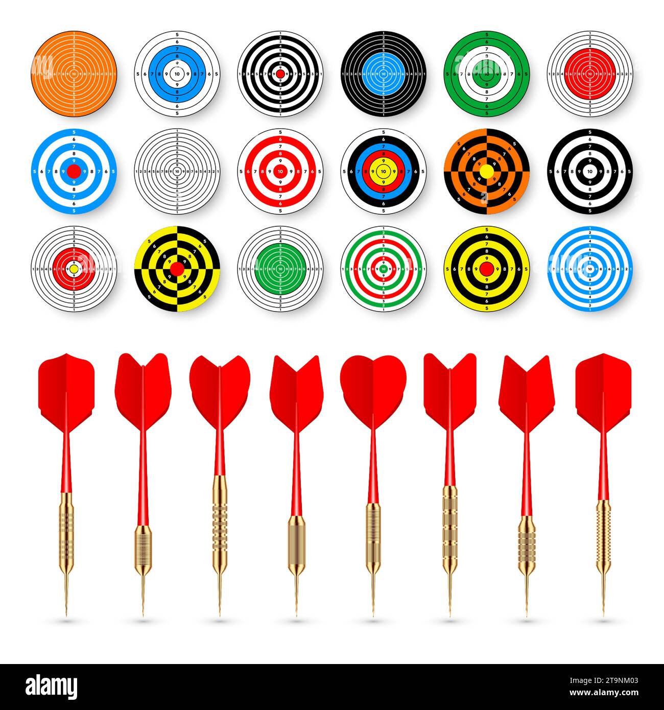 Paper targets with dart arrows and shadows. Shooting range round target ...