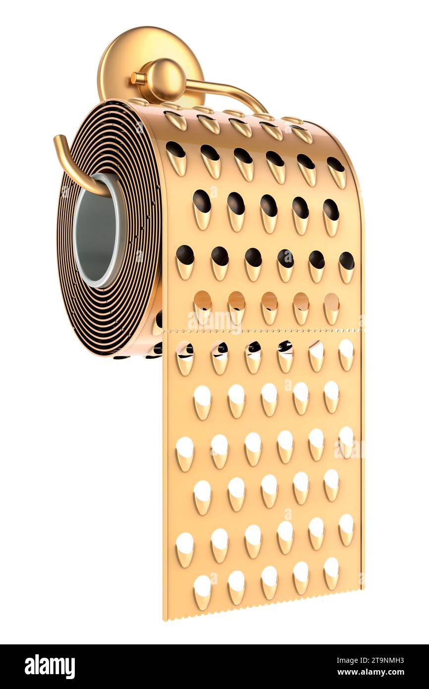 Golden toilet paper as grater on the toilet paper holder, 3D rendering isolated on white ...