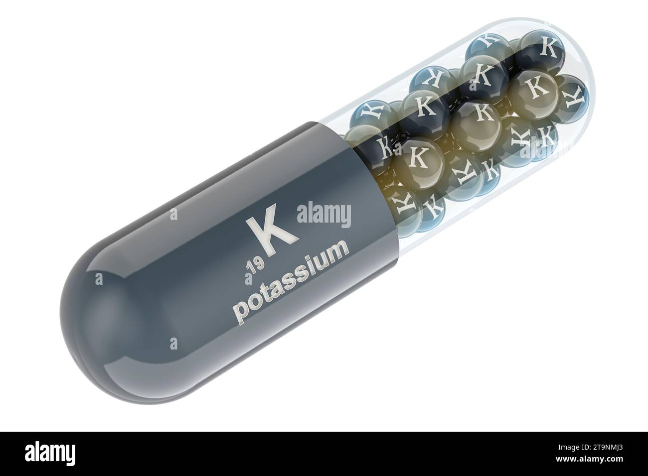 Potassium, kalium K capsule. 3D rendering isolated on white background ...