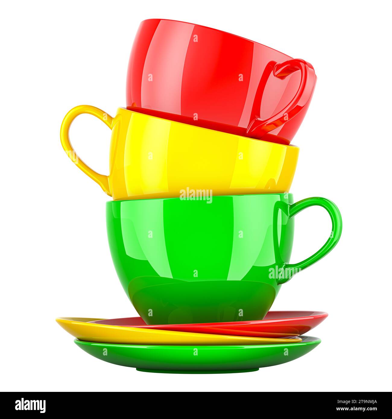 Stack of colorful cups with saucers, 3D rendering isolated on white ...