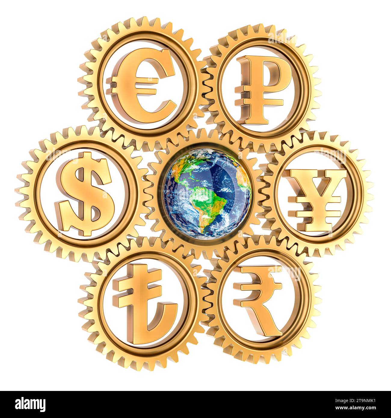 World currency, concept. Earth Globe with currency gears around, 3D ...
