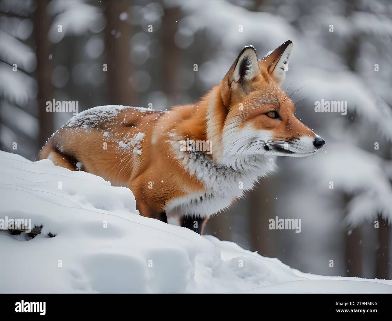 Close-up image of a red fox with snow resting on its head in a snowy ...