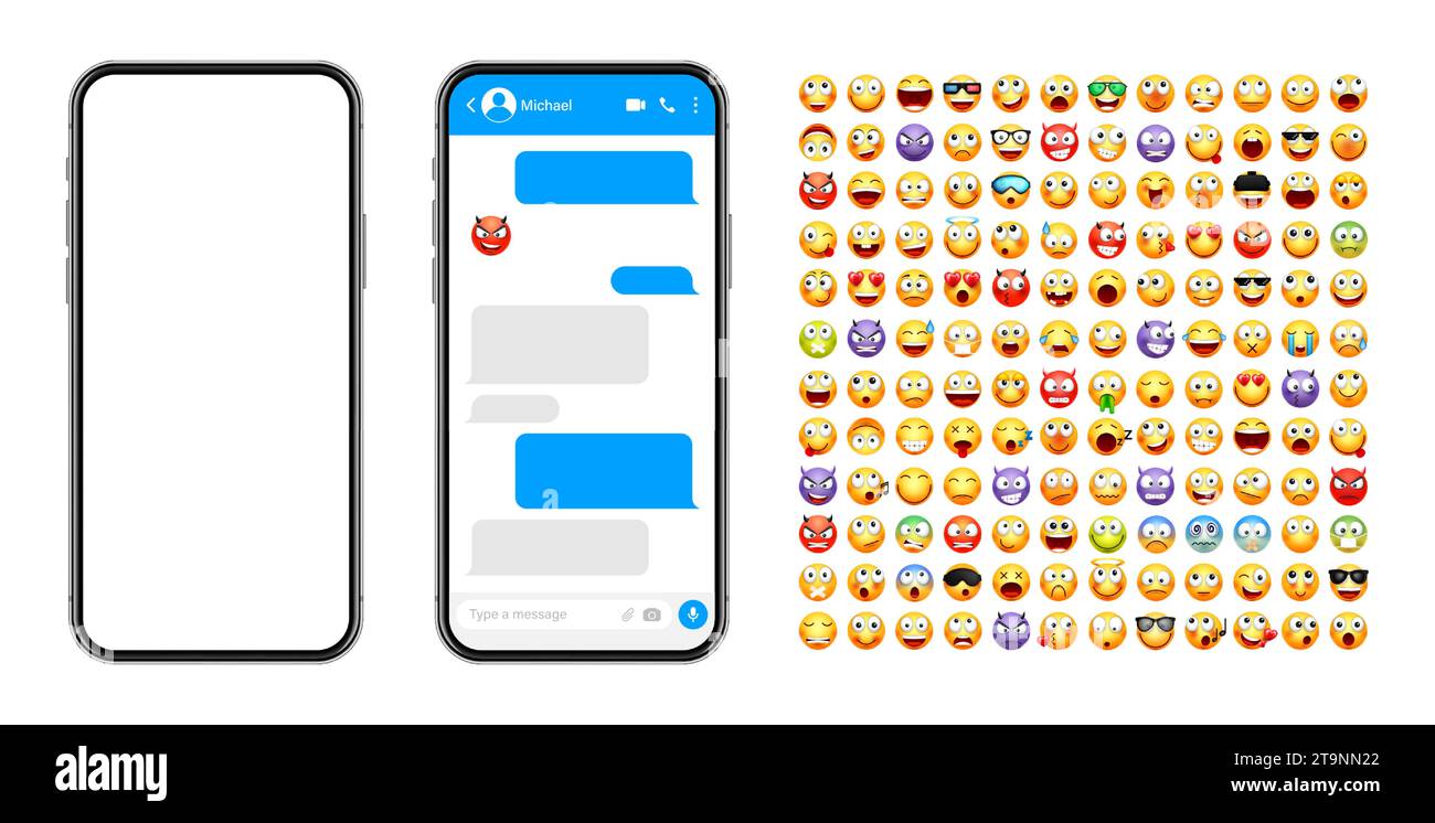 Smartphone messaging app, user interface design with emoji. SMS text ...