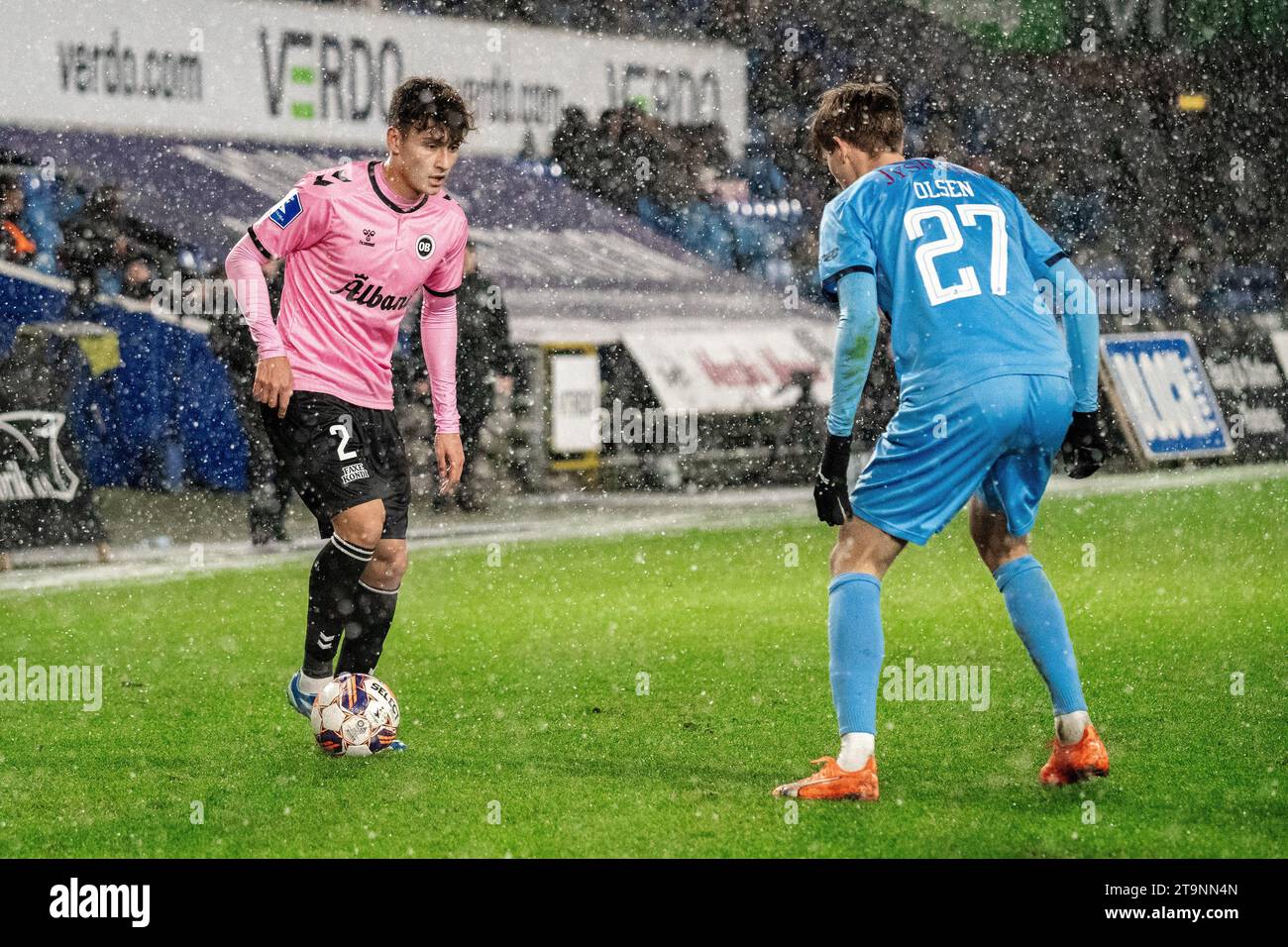 Randers, Denmark. 26th Nov, 2023. Nicholas Mickelson (2) of Odense BK ...