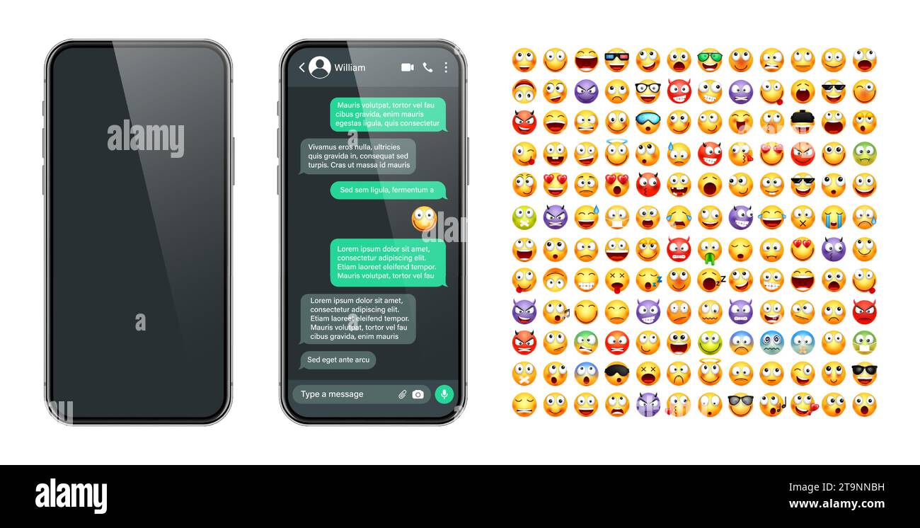 Smartphone messaging app, user interface with emoji. SMS text frame ...