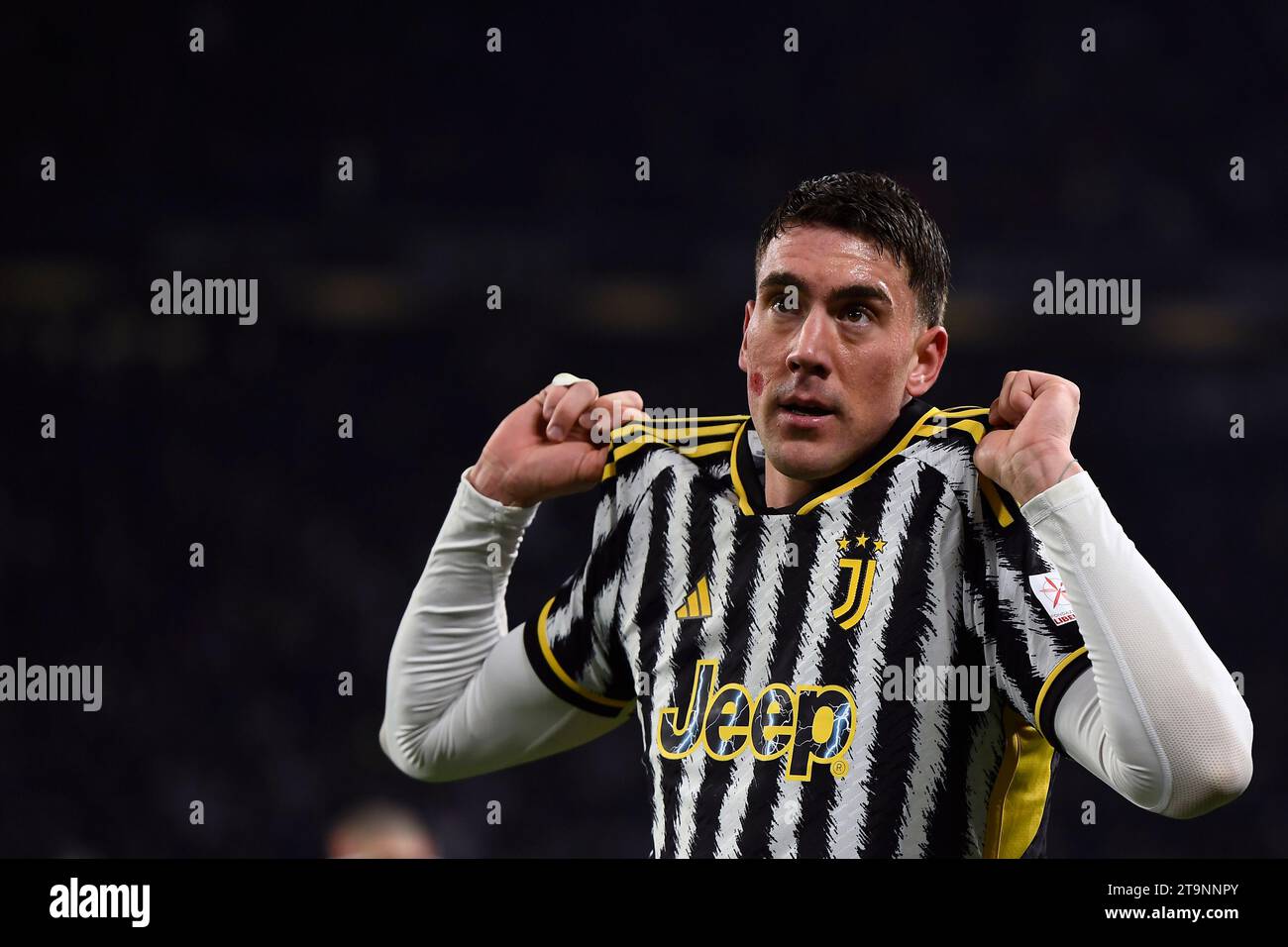 Turin, Italy. 26th Nov, 2023. Dusan Vlahovic of Juventus FC celebrates ...