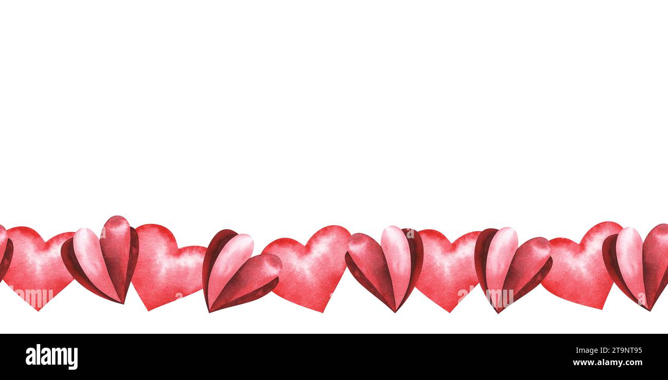 Seamless watercolor header with pink and red hearts on white background ...