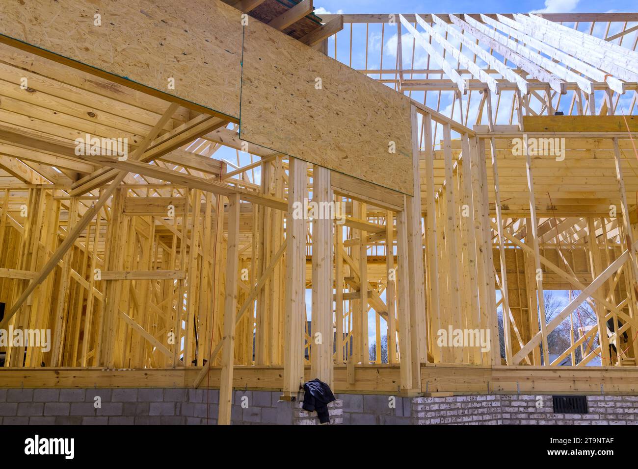 As part construction of new home wooden beam stick frames were ...