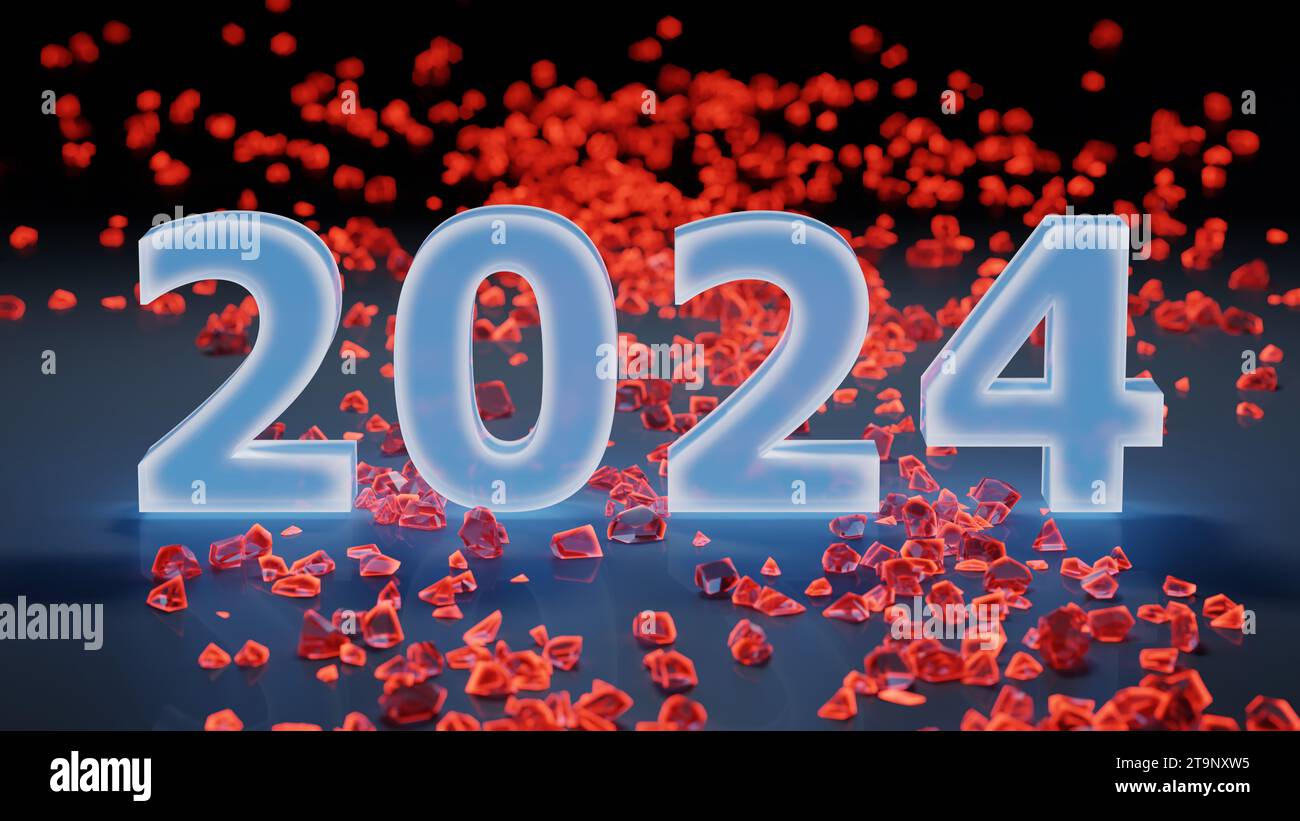 Conceptual 3D render illustration. The number 2024 in a glowing red ...