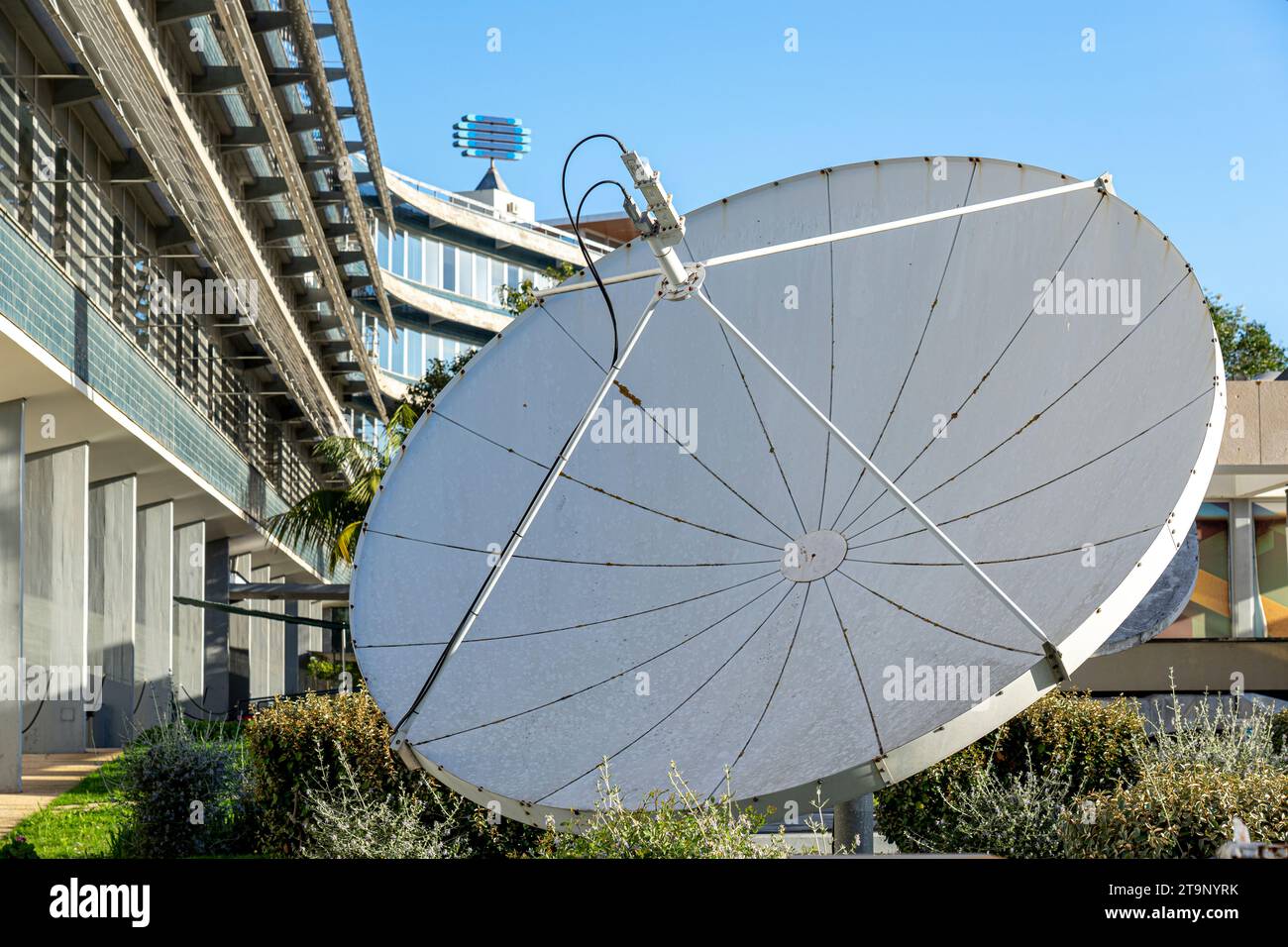 satellite dishes in the outer atrium of the headquarters building of ...
