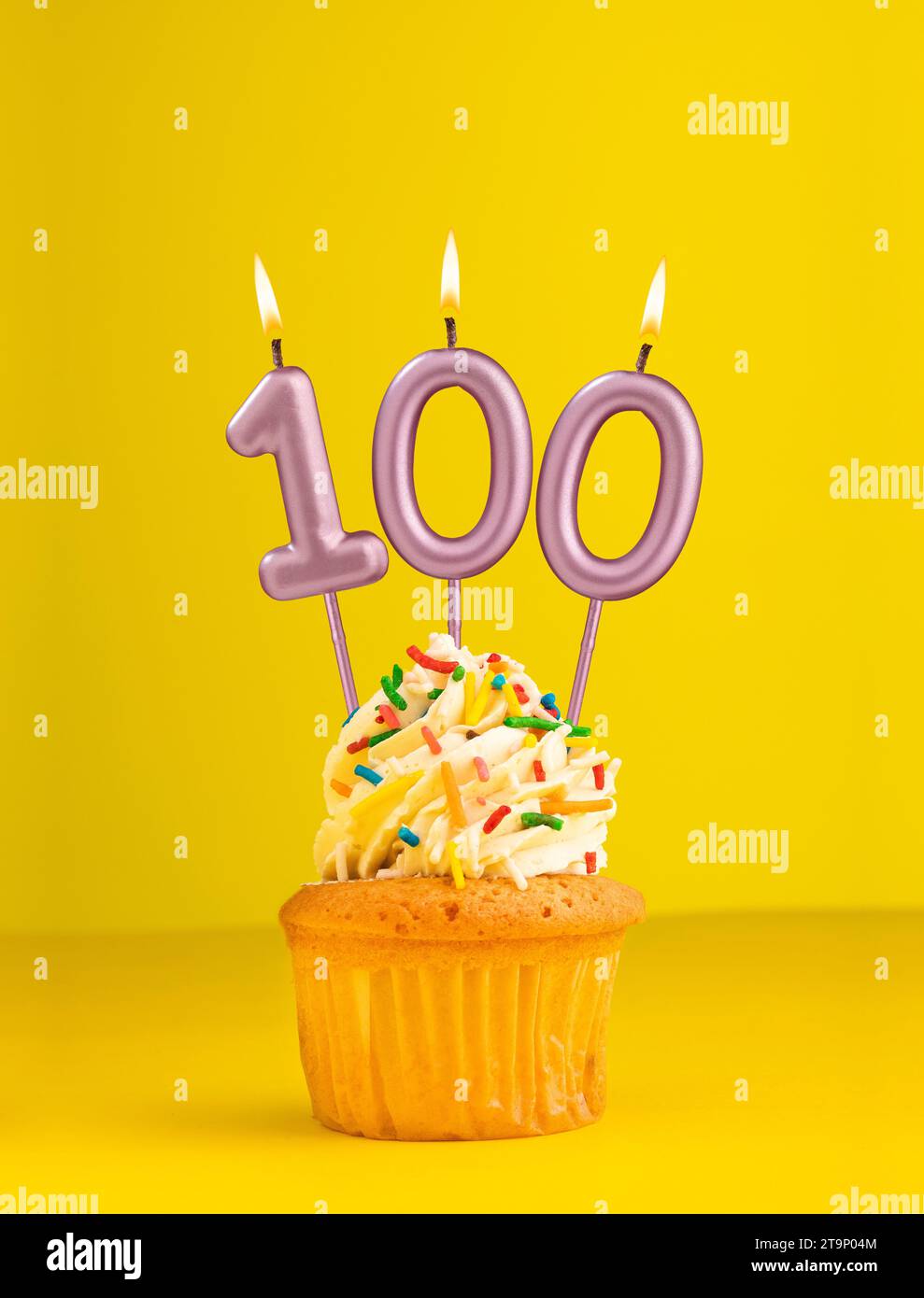 Number 100 candle - Birthday card design in yellow background Stock ...