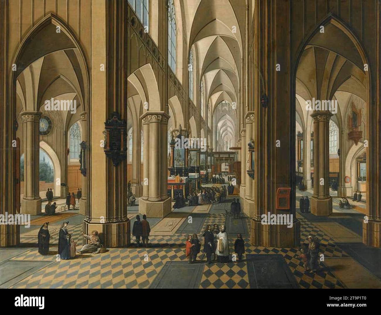Interior of a Gothic Church with Figures Attending Mass - by Peeter The ...