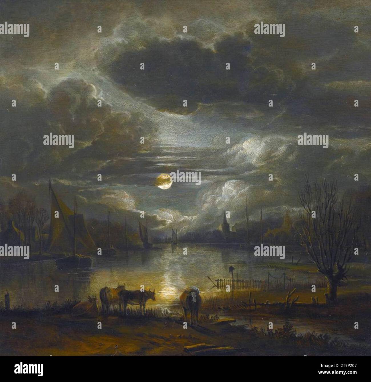 Wide River Landscape by Moonlight with Four Cows - by Aert Van Der Neer ...