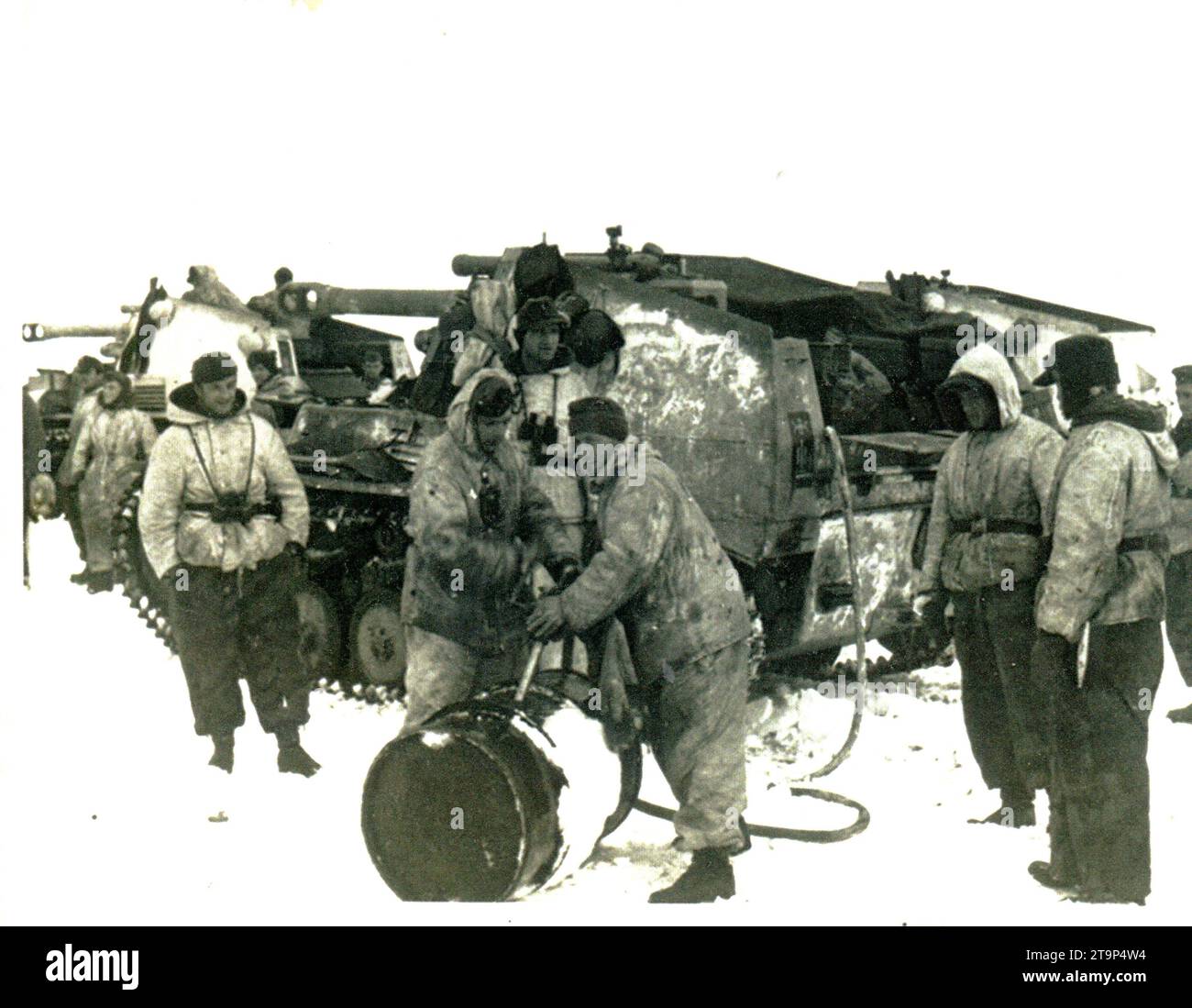 World War Two B&W photo German Soldiers refuel their Wespe Self ...