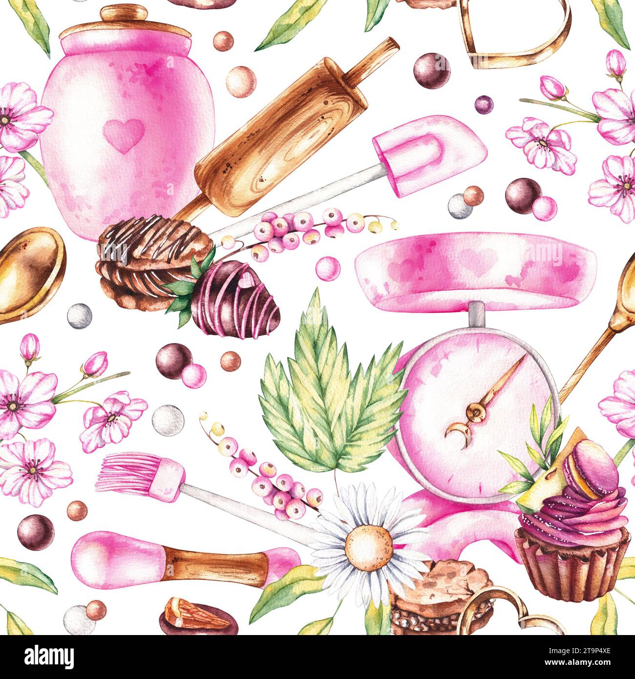 Watercolor seamless pattern with desserts, baking tools, flowers ...