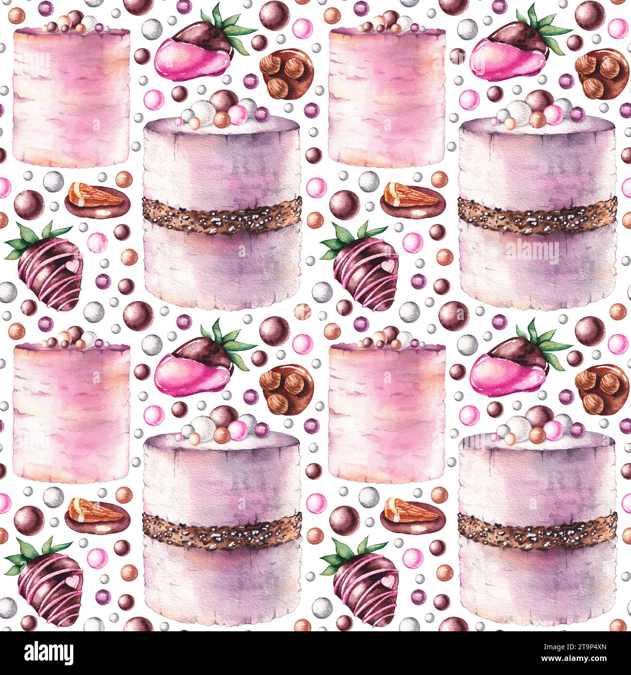 Watercolor seamless pattern with desserts, cakes, sweets. Pattern on ...