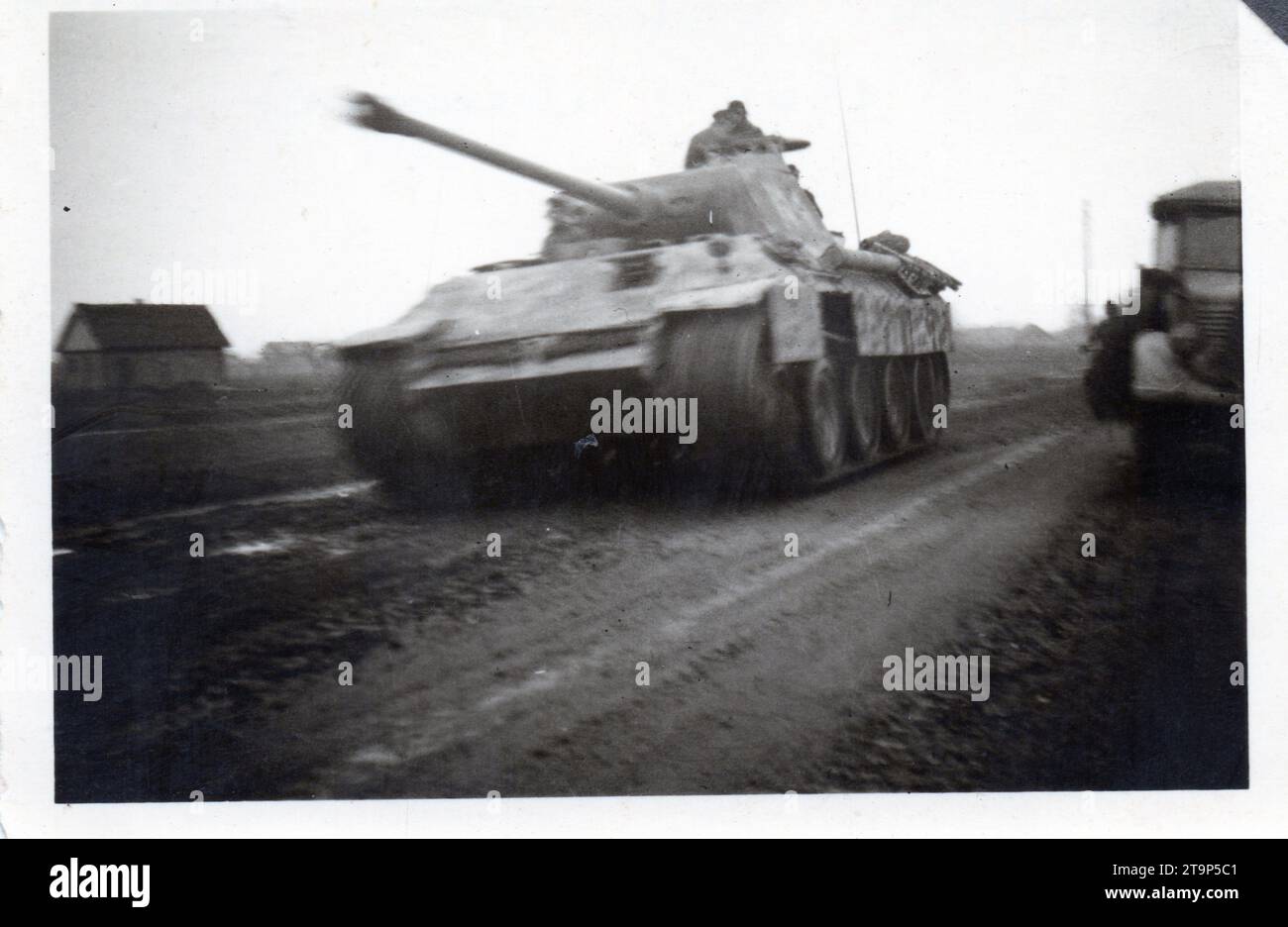World War Two B&W photo A German Panther Tank advances on the Western ...