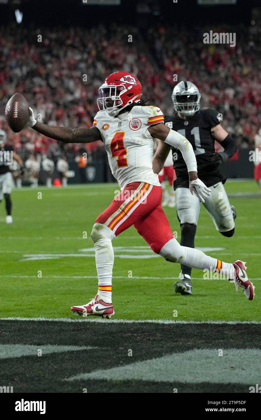 Kansas City Chiefs wide receiver Rashee Rice (4) scores against the Las ...
