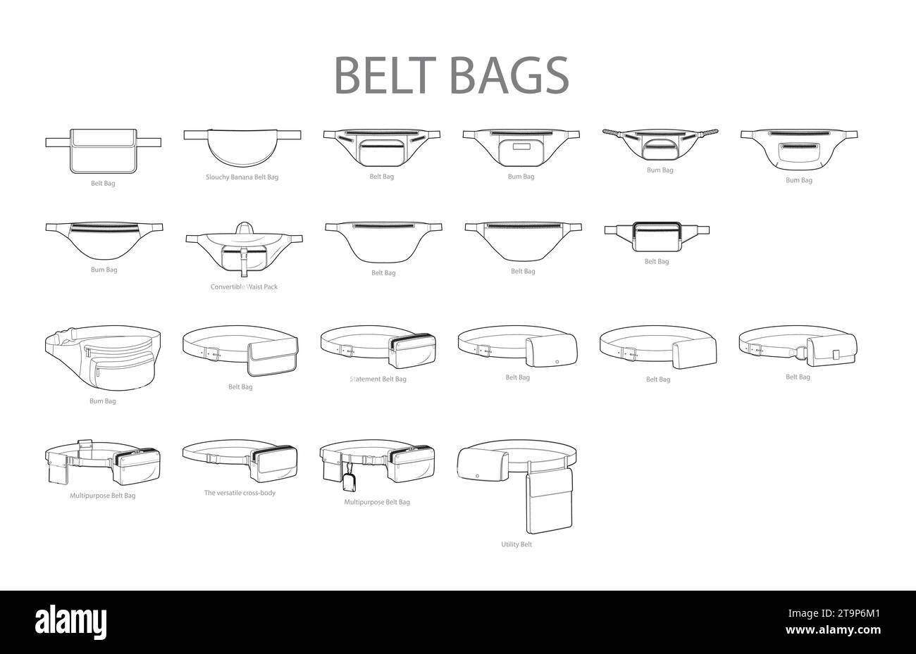Set of Belt Bum silhouette bags. Fashion accessory technical ...