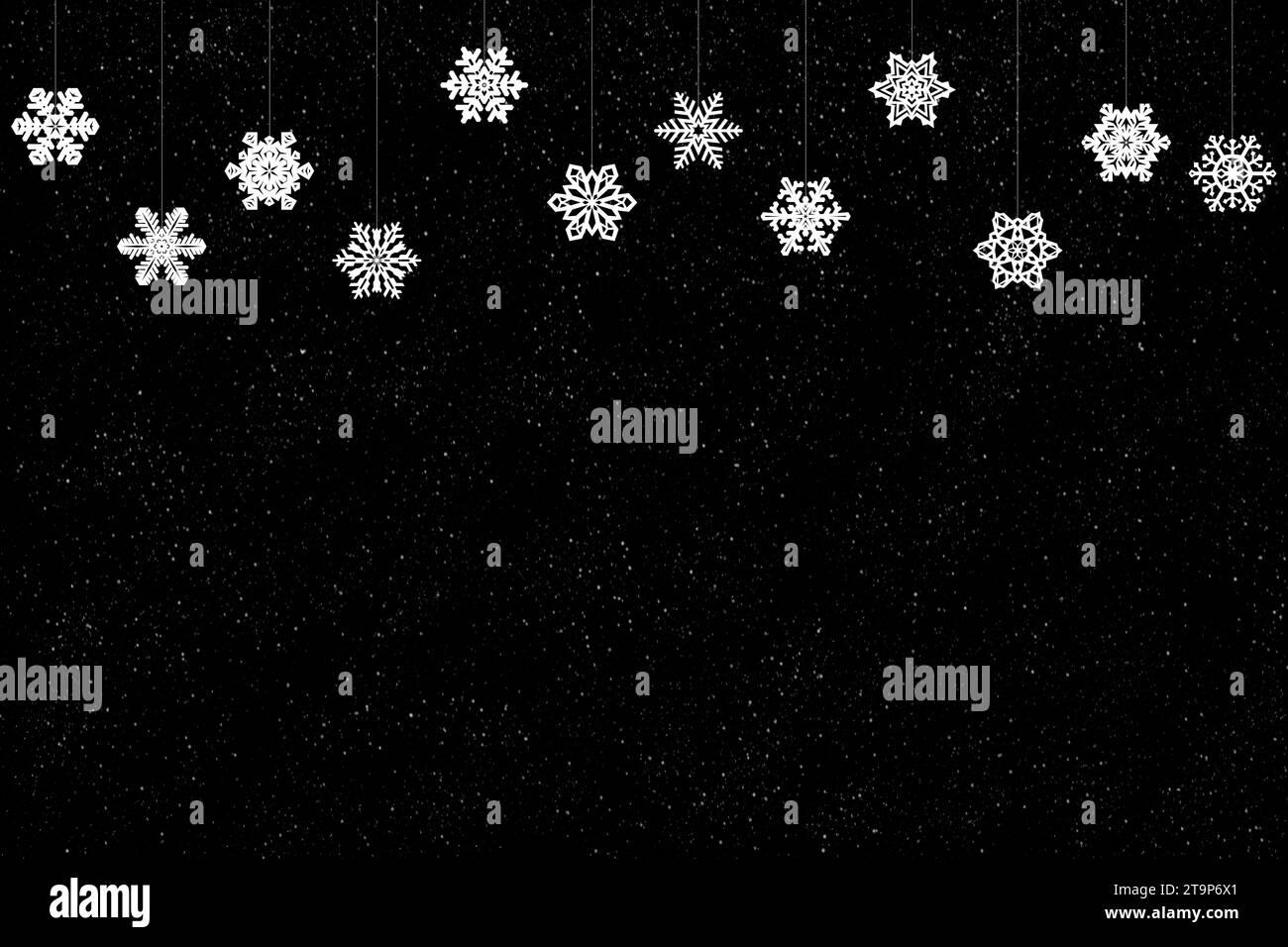 Hanging snowflakes and falling snow on a black background Isolated ...