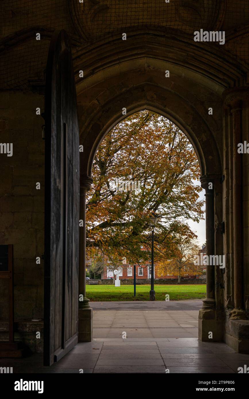 Wooden entrance door to Salisbury Cathedral during autumn 2023 ...