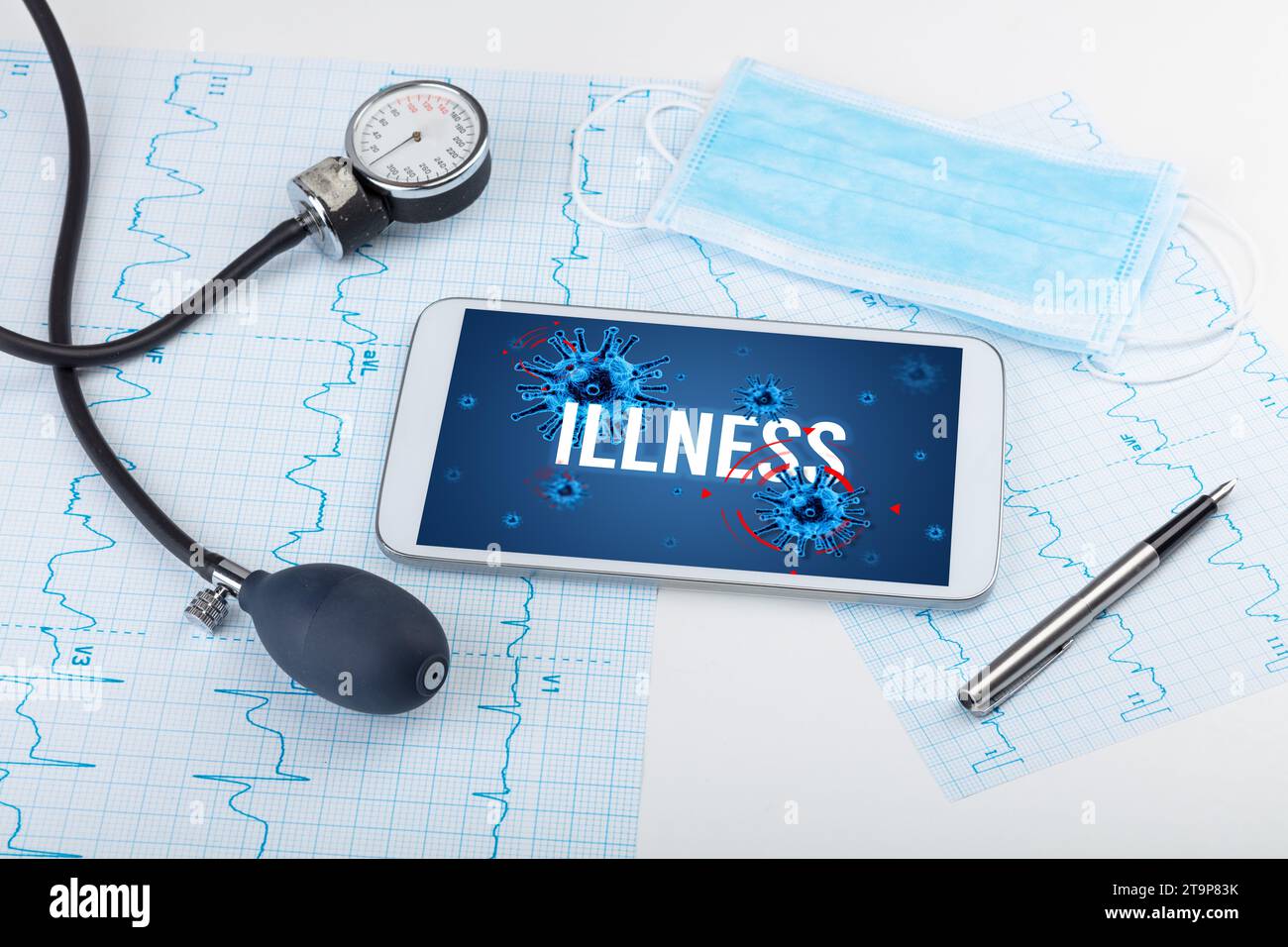 Tablet pc and doctor tools on white surface Stock Photo - Alamy