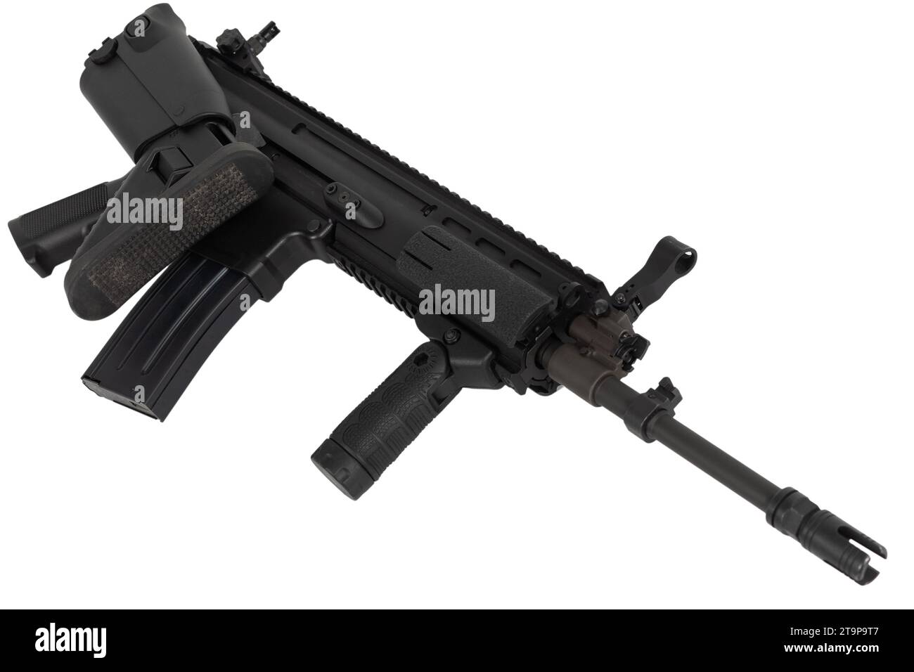 Modern assault rifle with folded stock isolated on a white background ...