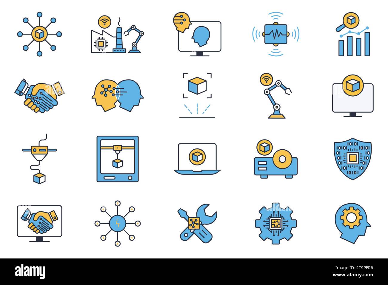 industry icon set. industry 5.0, 3d printing, artificial intelligence ...
