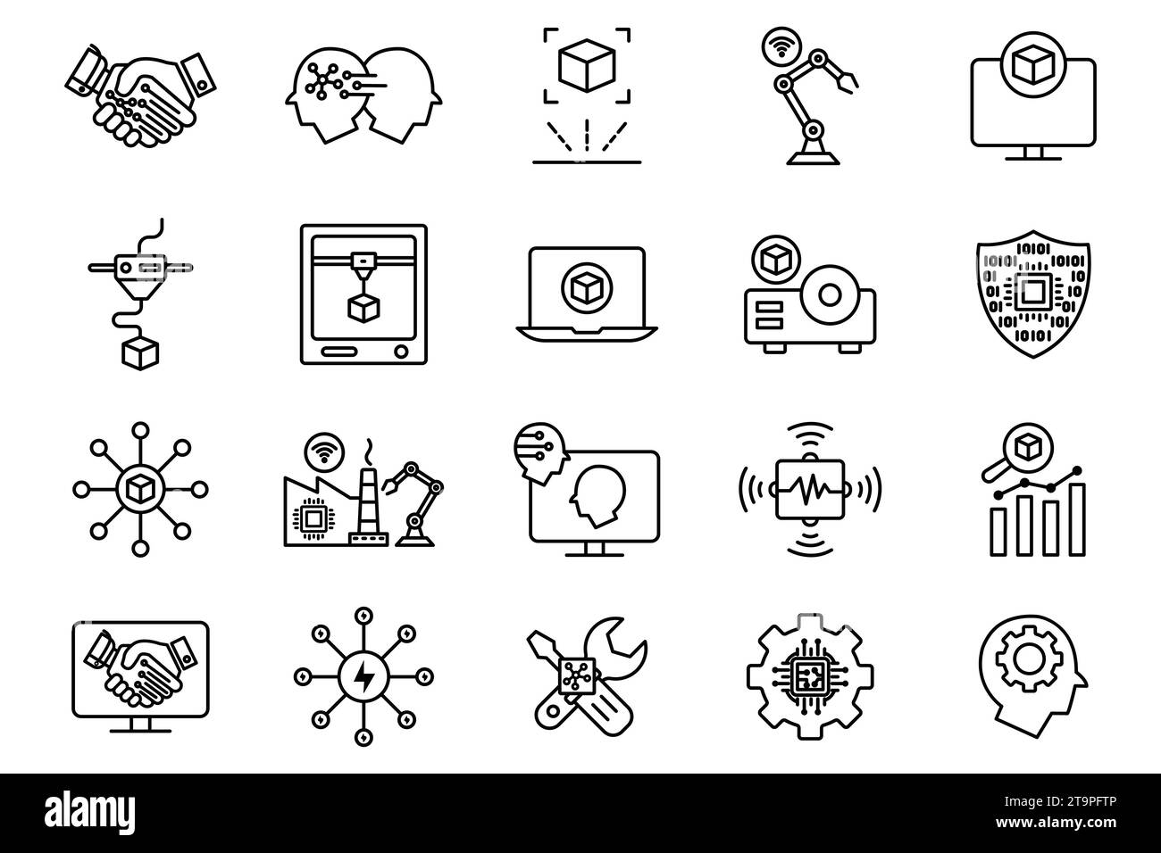 industry icon set. industry 5.0, 3d printing, artificial intelligence ...