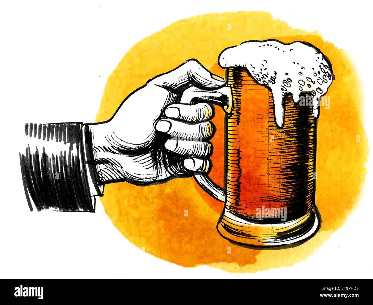 Hand holding a mug of beer. Hand-drawn ink and watercolor sketch Stock ...