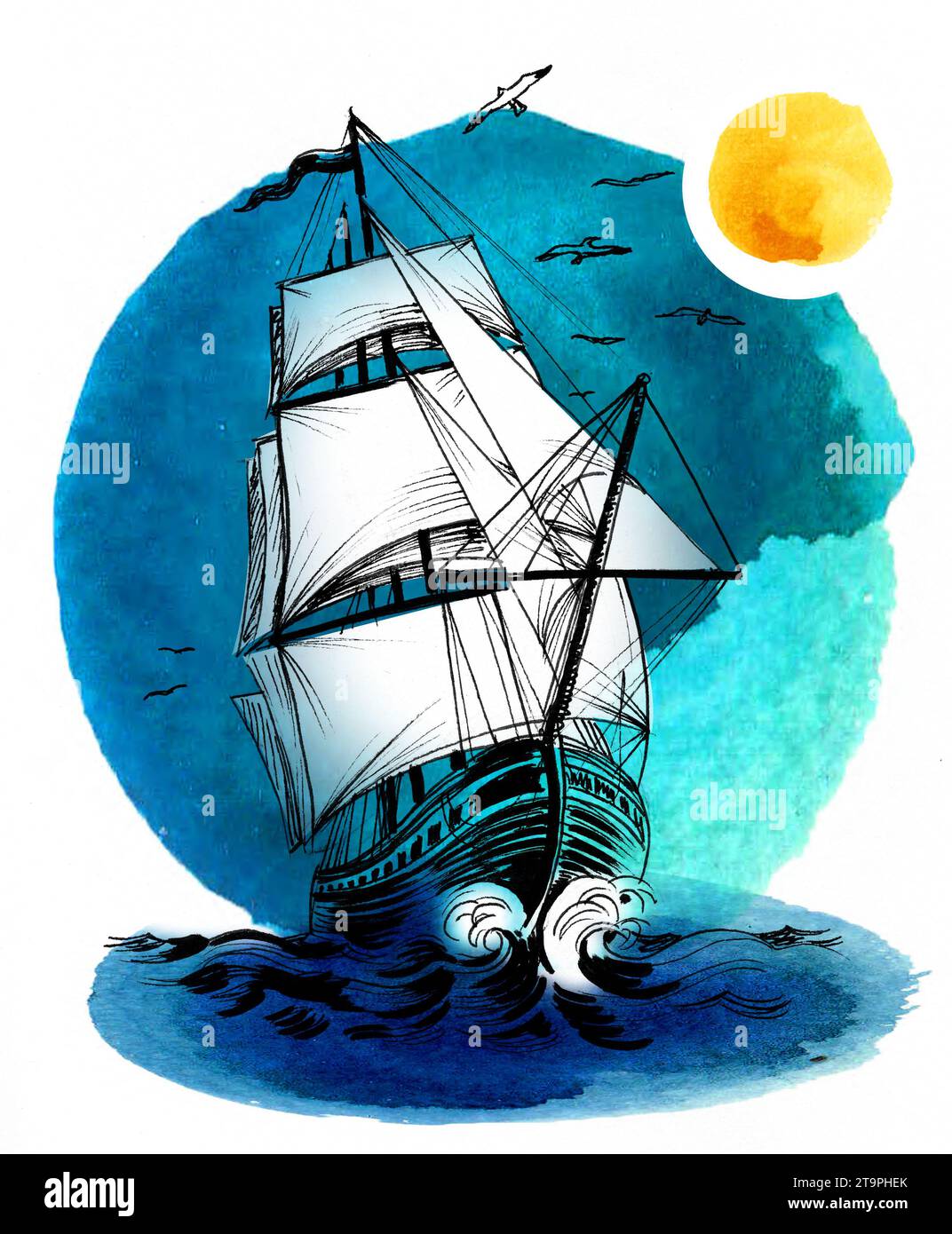 Sailing ship in the sea. Hand-drawn ink and watercolor sketch Stock ...