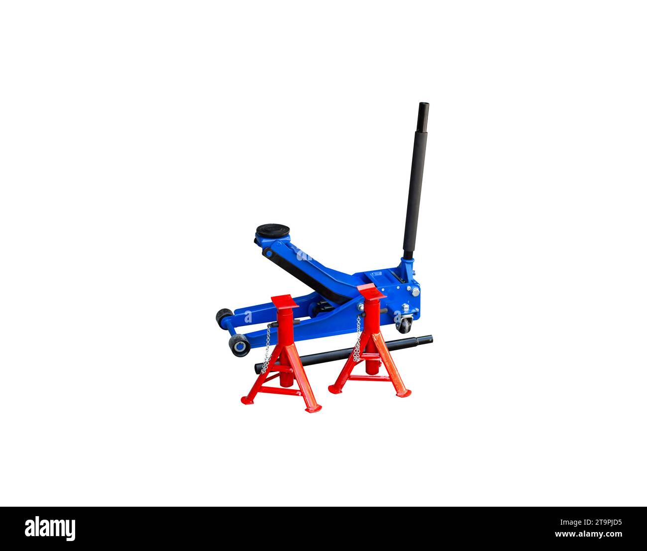 Car hydraulic floor jack and car jack stand isolated on white ...